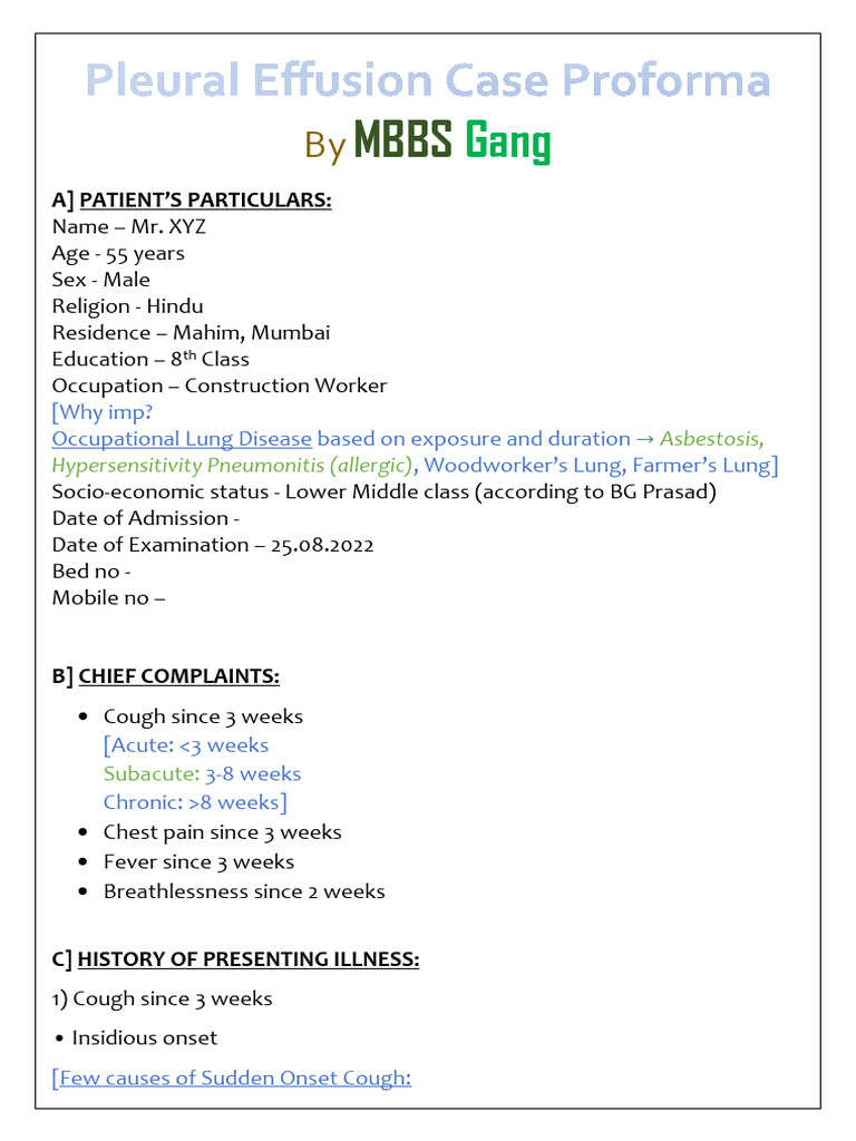 1. Pleural Effusion Case Profoma & Respi Examination | PDF | Respiratory Diseases | Cough