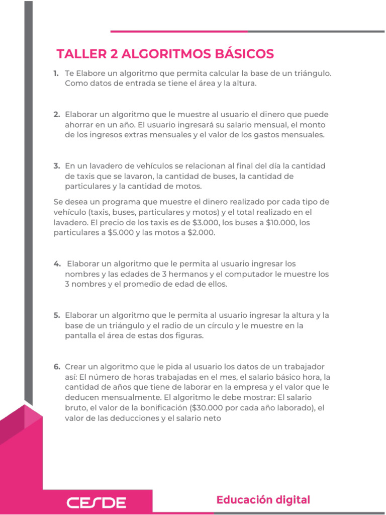2 Taller 2 Algoritmos Básicos | PDF | Salario | Algoritmos