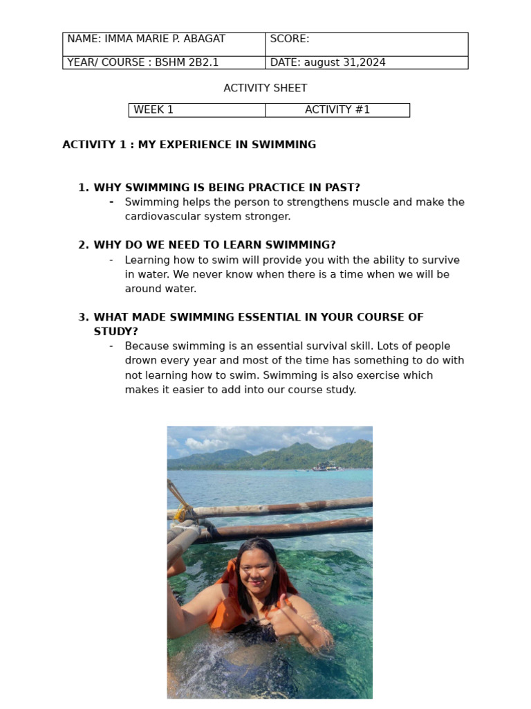 My Swimming Experience and Its Importance | PDF