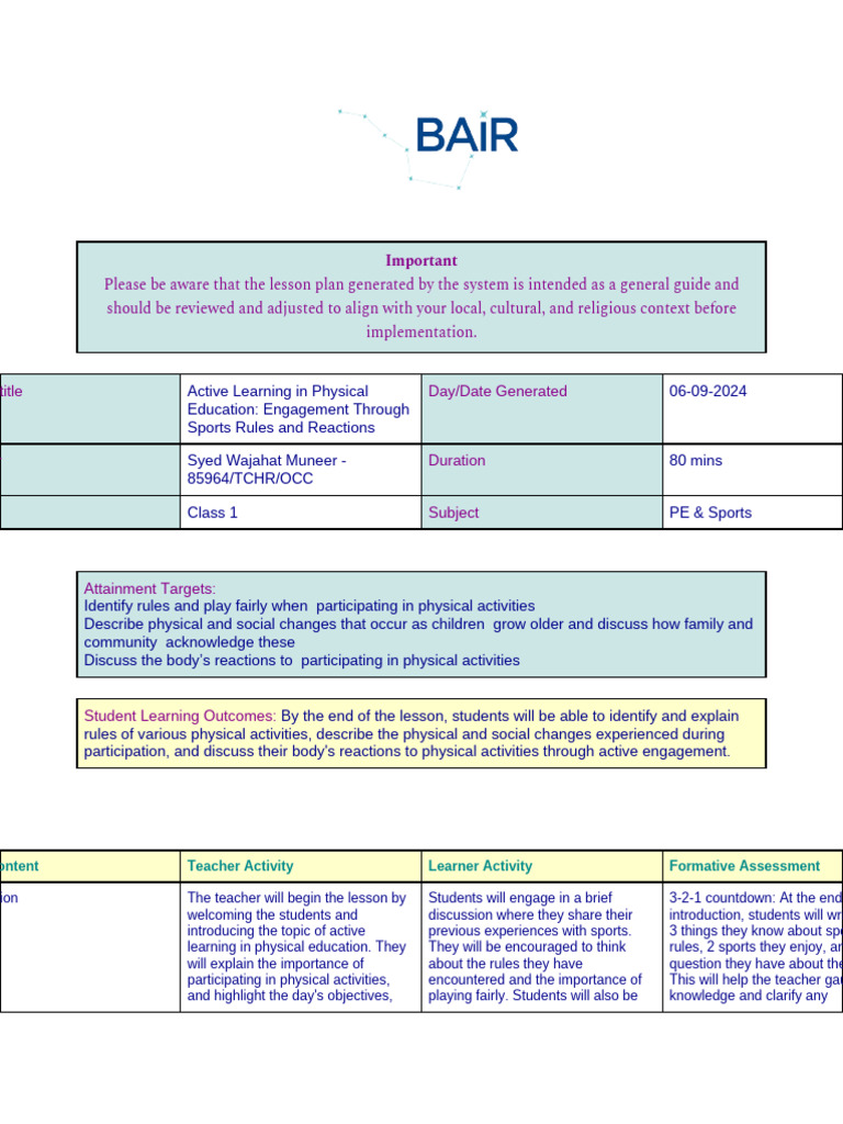 BAIR Lesson Plan || PE & Sports || Class 1 || 08-09-2024 | PDF ...