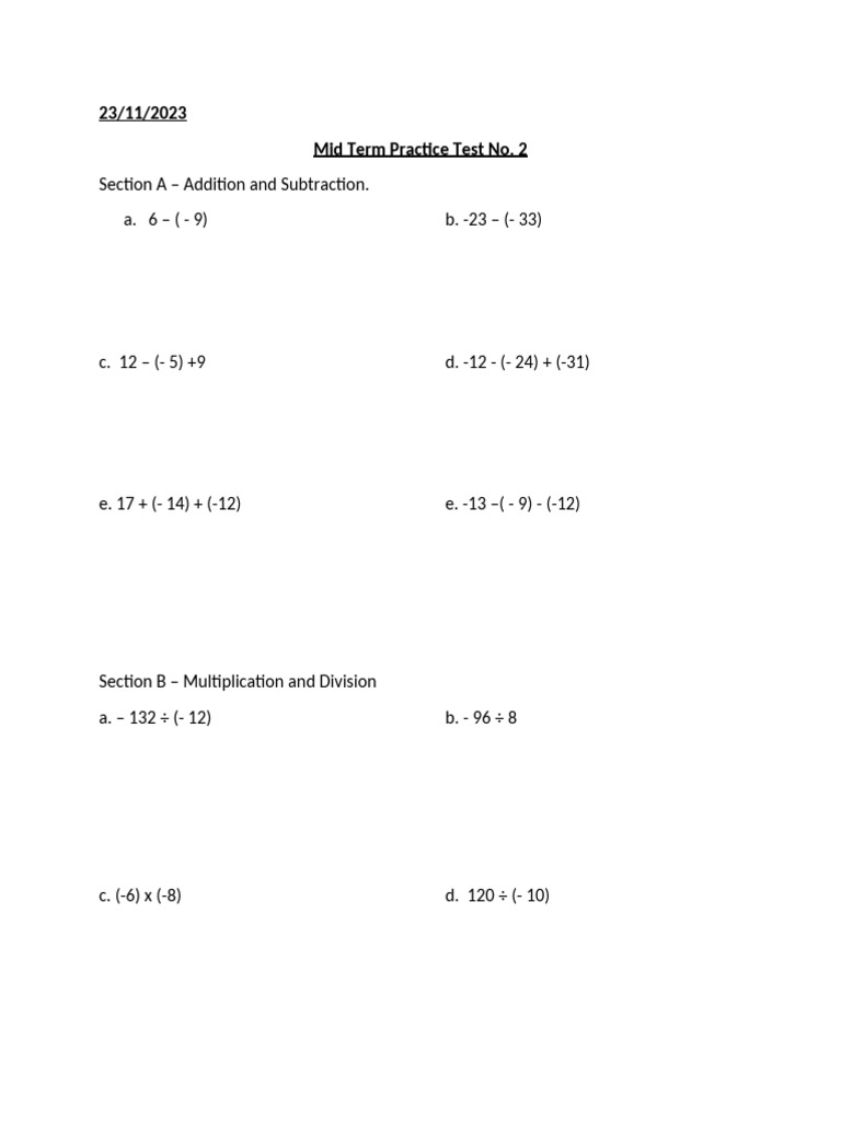 Maths Practice Teat Grade 6 Mid Term 2 | PDF