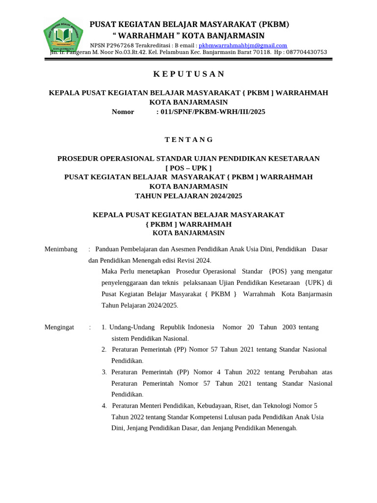 Pos Upk PKBM Warrahmah Tahun Pelajaran 2024-2025. Final | PDF
