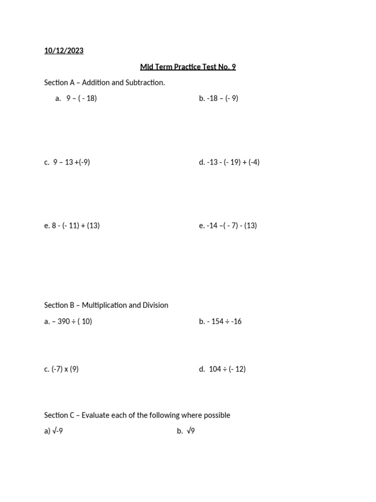 Maths Practice Teat Grade 6 Mid Term 9 | PDF