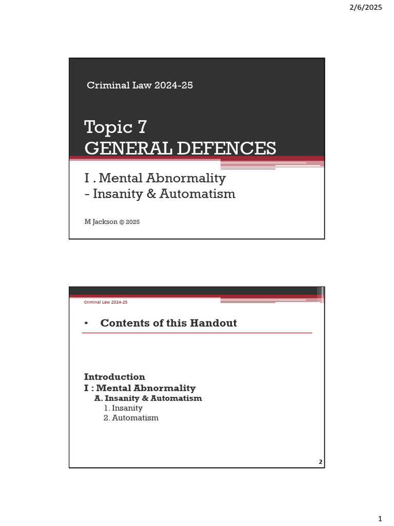 Topic 7 (I) - Handout Insanity + Automatism | PDF | Insanity Defense ...