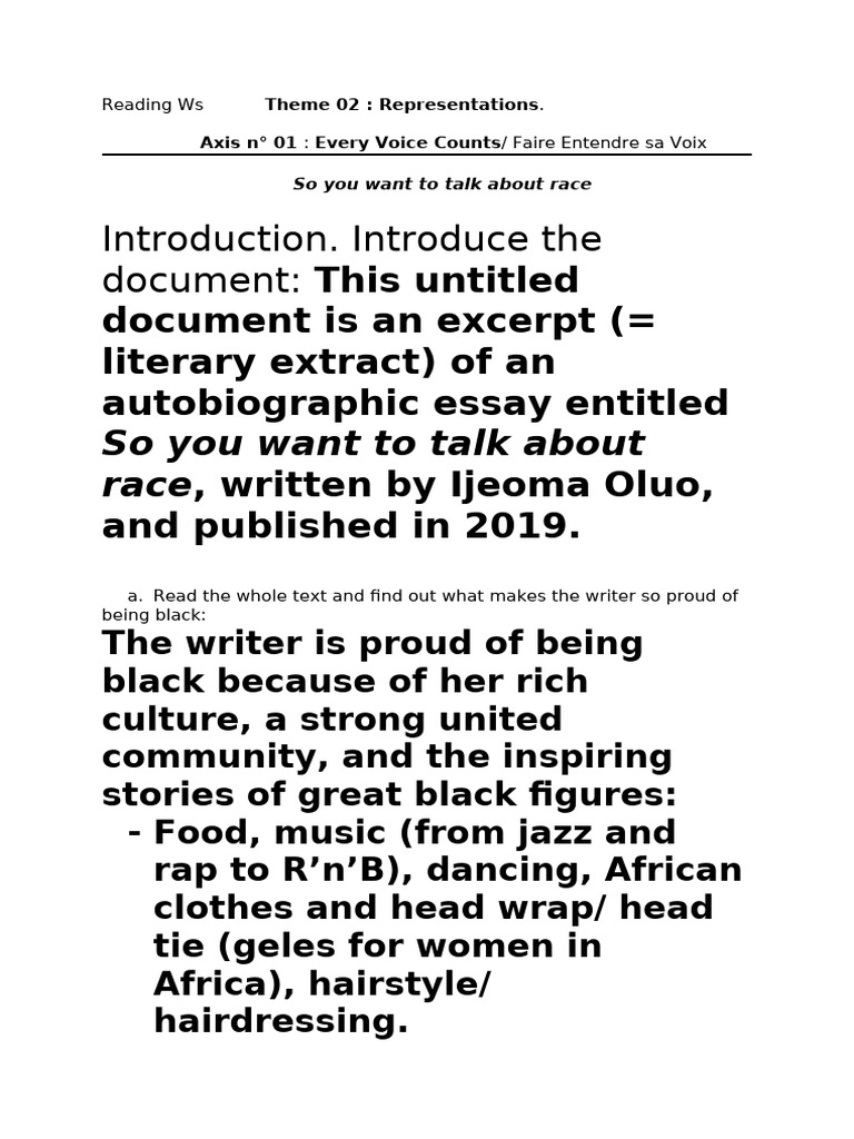 Reading Ws Elève - 18-03- So you want to talk about race | PDF | Racism ...