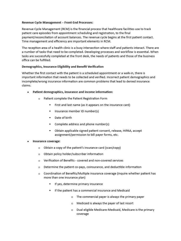 Front-End Functions in Medical Billing | PDF | Medicaid | Payments