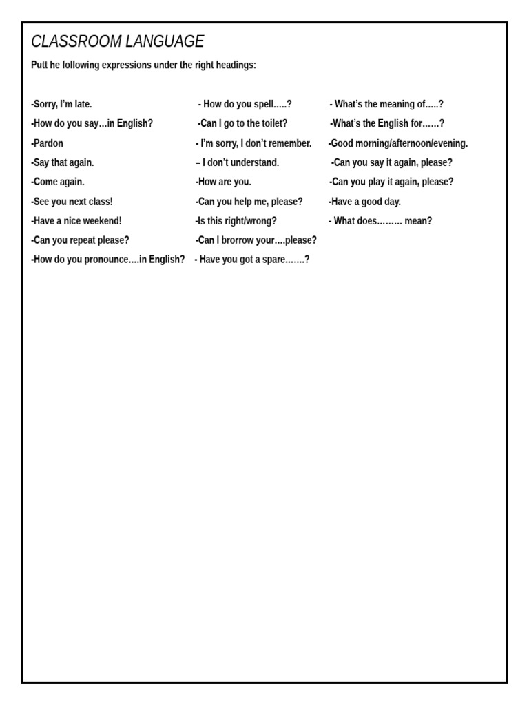 Classroom Language Worksheet | PDF