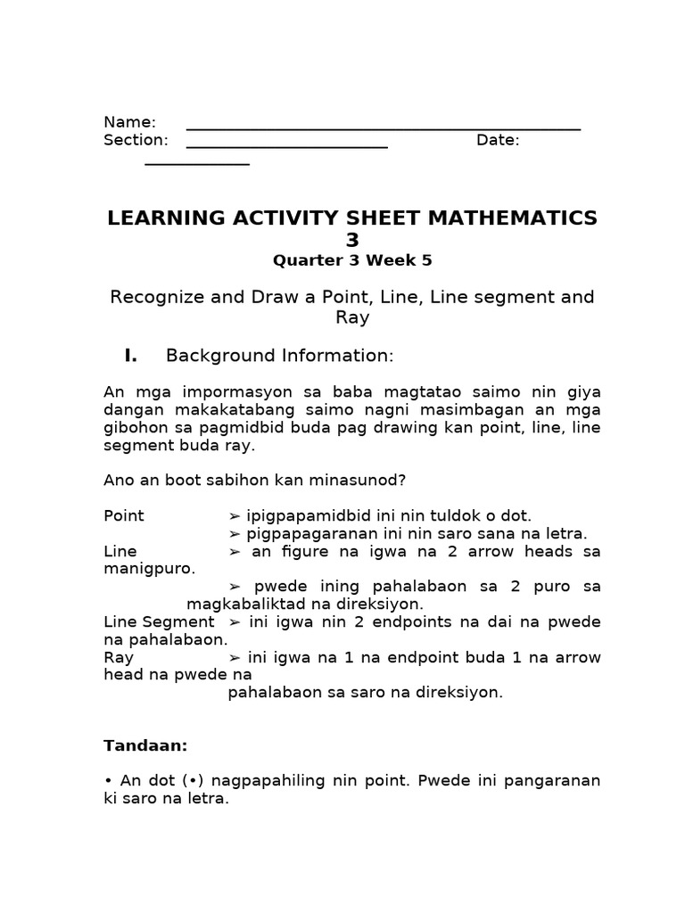 Recognize and Draw A Point, Line, Line Segment and Ray | PDF