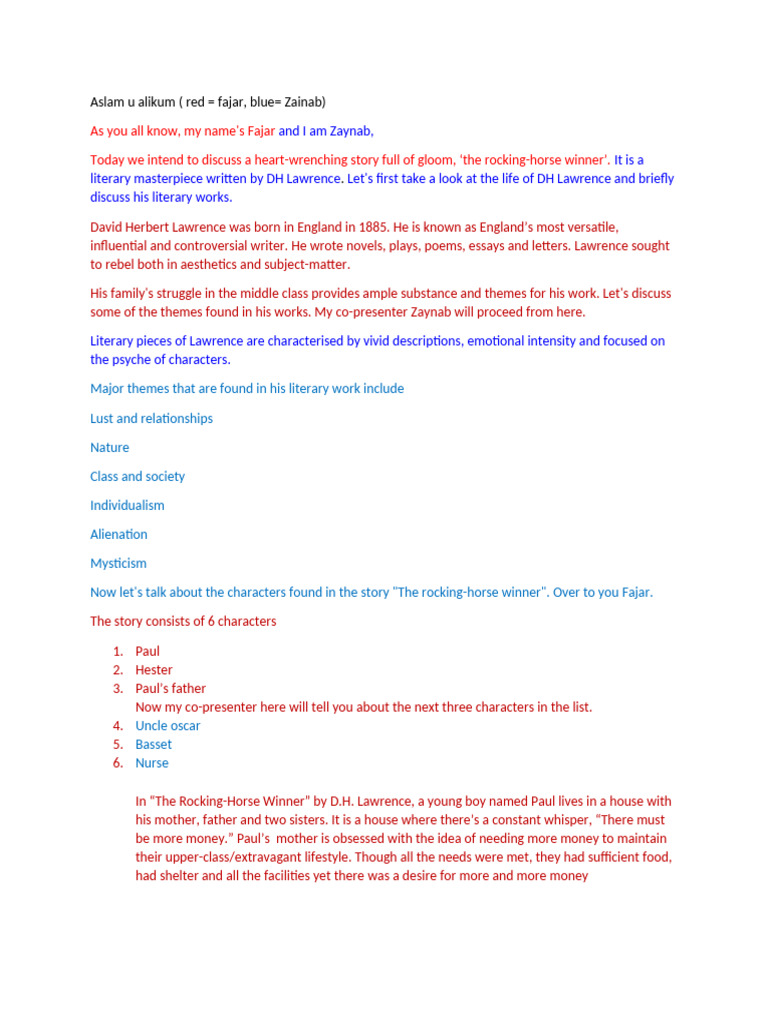 Analysis of D.H. Lawrence's "The Rocking-Horse Winner" | PDF