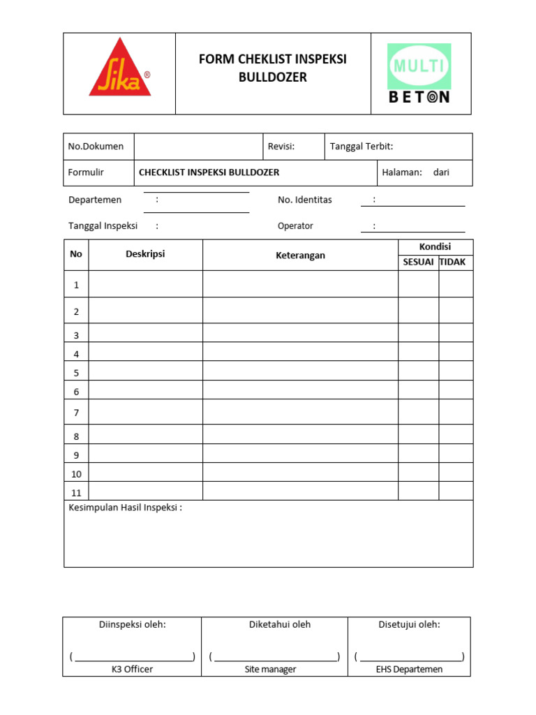 Form Cheklist Inspeksi Bulldozer | PDF