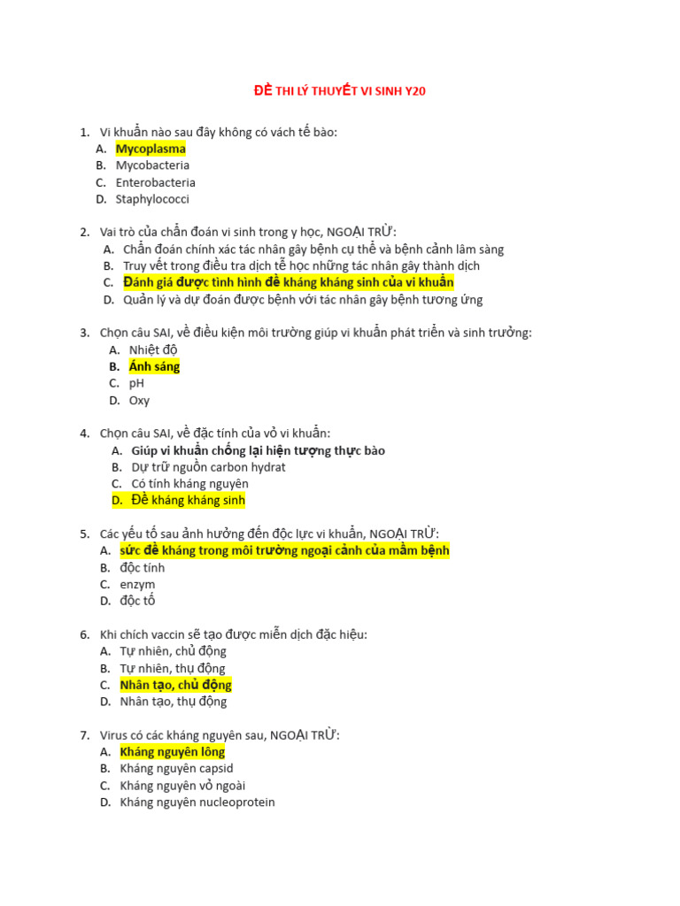 Đề Thi Lý Thuyết Vi Sinh Ck y20 | PDF