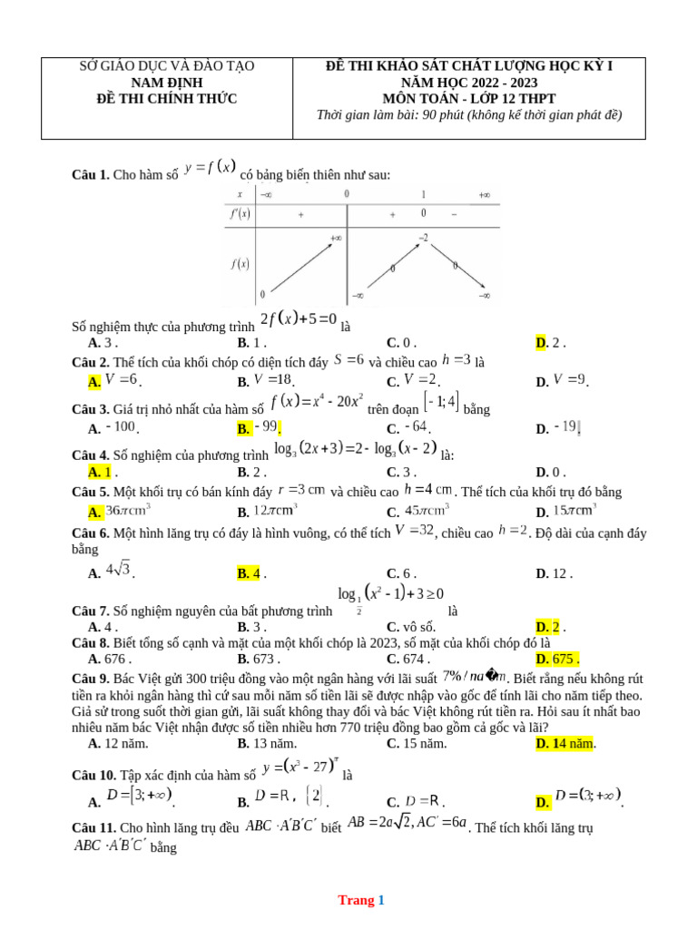 De Thi HK1 Toan 12 Nam Dinh 22 23 | PDF