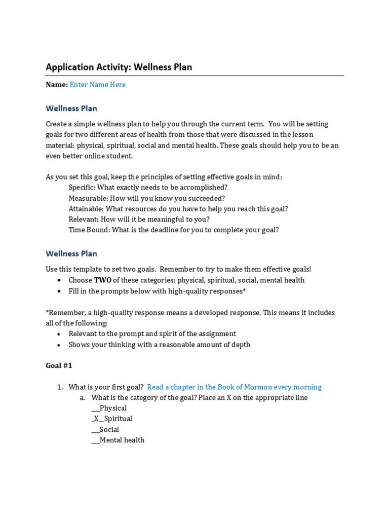 Pc103 W03 Document Applicationactivitywellnessplan Sample | PDF | Goal | Psychology