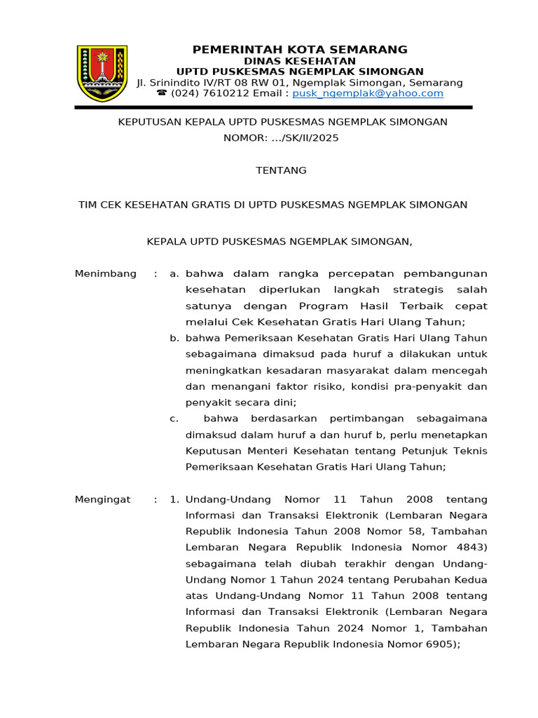 SK Tim Cek Kesehatan Puskesmas 2025 | PDF