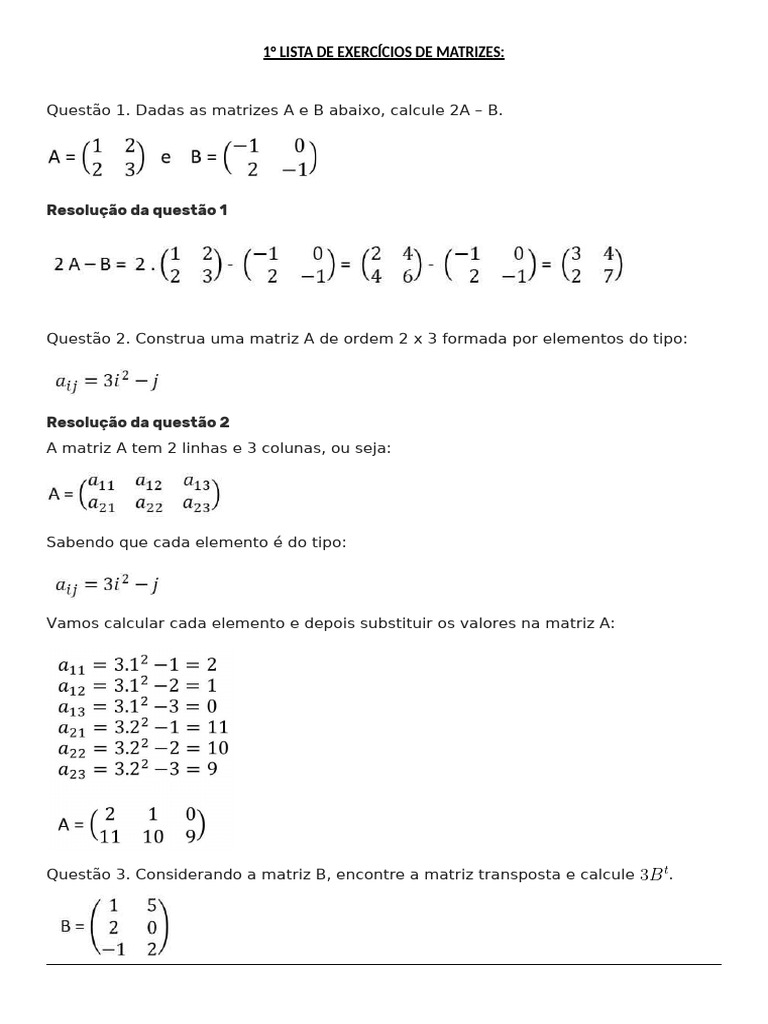 Exercícios Resolvidos de Matrizes | PDF