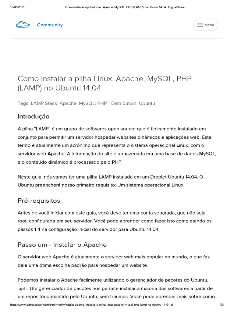 Como instalar a pilha Linux, Apache, MySQL, PHP (LAMP) no Ubuntu 14 | PDF | Php | Rede mundial ...