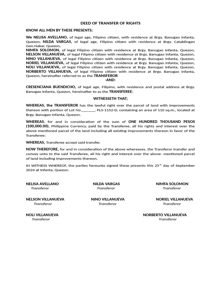 DEED OF TRANSFER OF RIGHTS | PDF | Philippines | Legal Documents