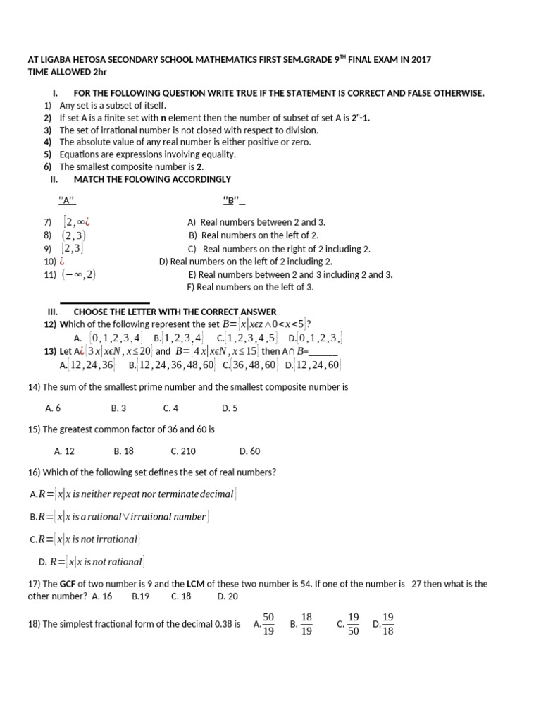 FINAL EXAM MATHS 2017 | PDF | Real Number | Numbers