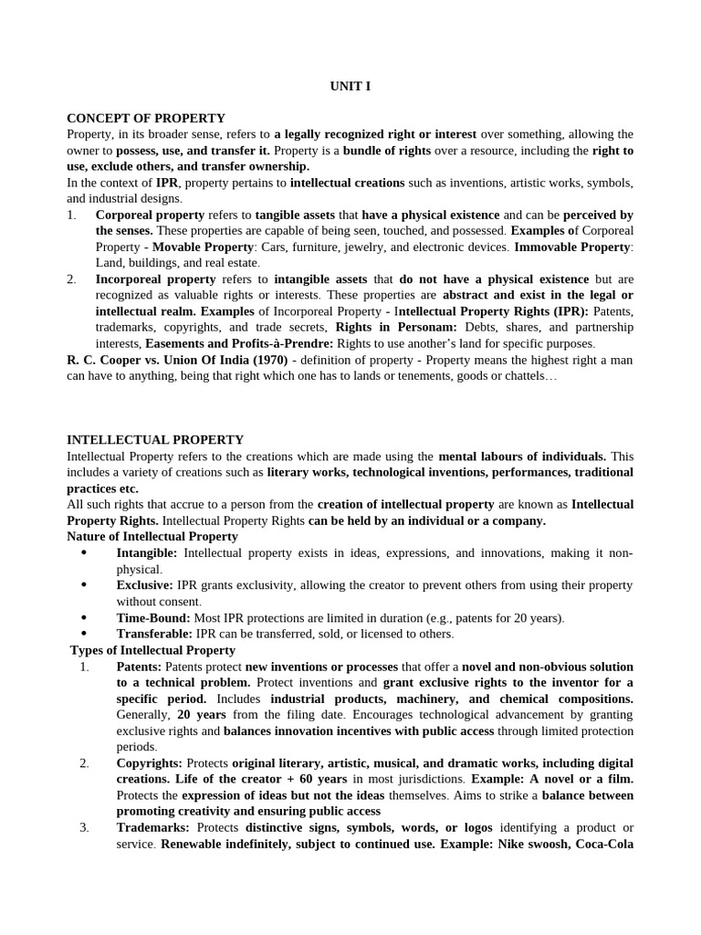 IPR - unit 1 | PDF | Intellectual Property | Patent