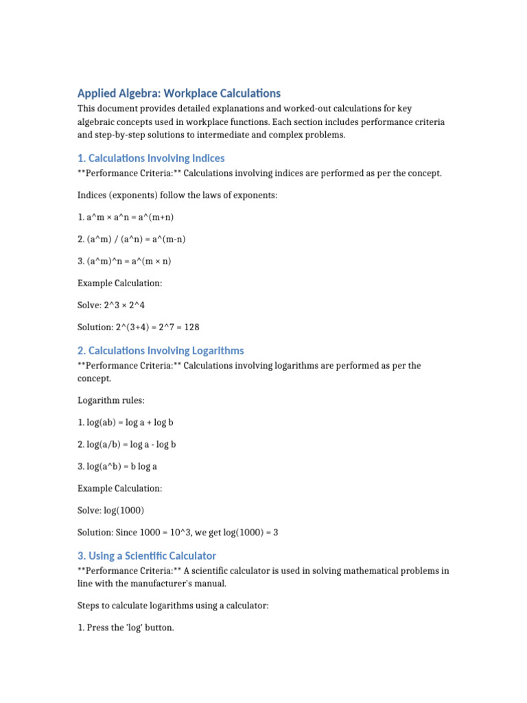 Applied Algebra Workplace Calculations | PDF