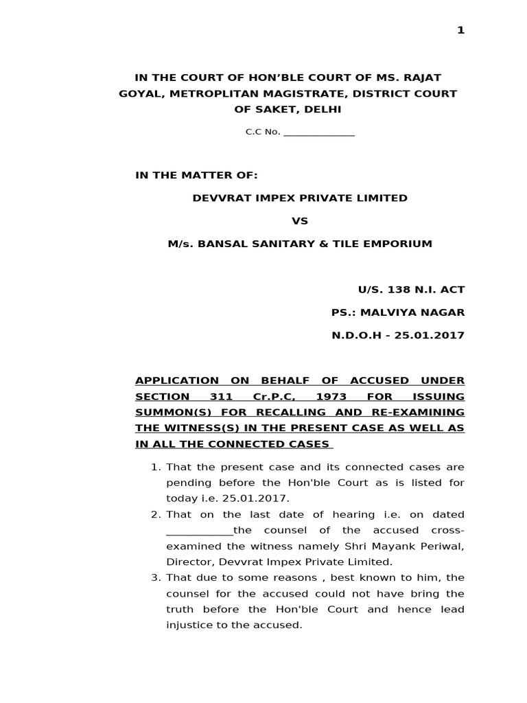 Prem Bansal - Saket - 311 CRPC | PDF | Criminal Law | Legal Procedure