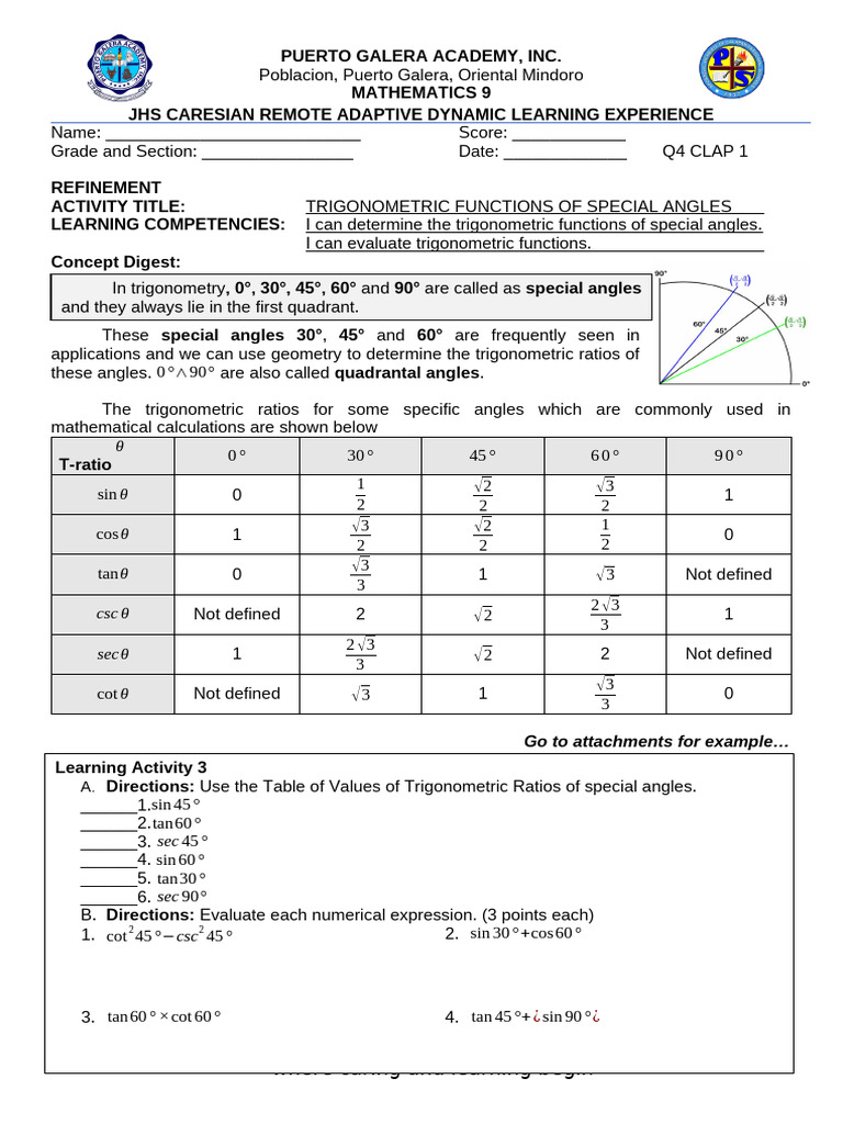DLP Math 9 | PDF | Trigonometry | Trigonometric Functions