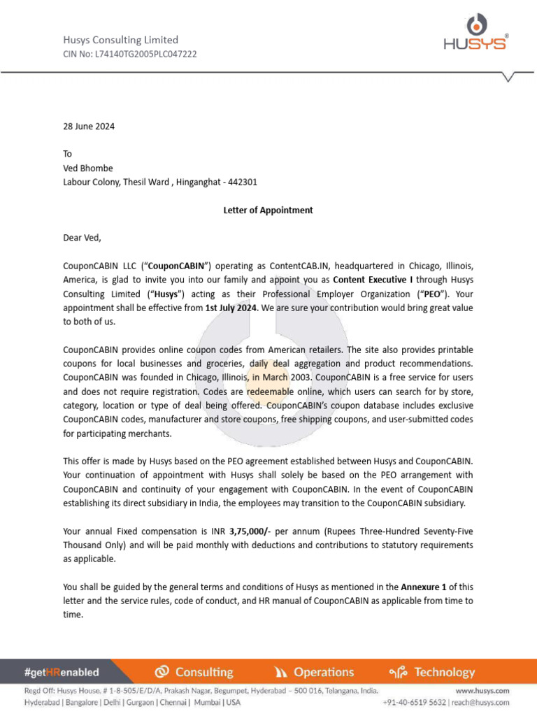 Ved Bhombe - Offer Letter (1) Signed | PDF | Employment | Salary