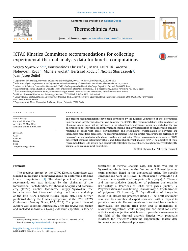 ICTAC Kinetics Committee Recommendations For Collecting Experimental ...