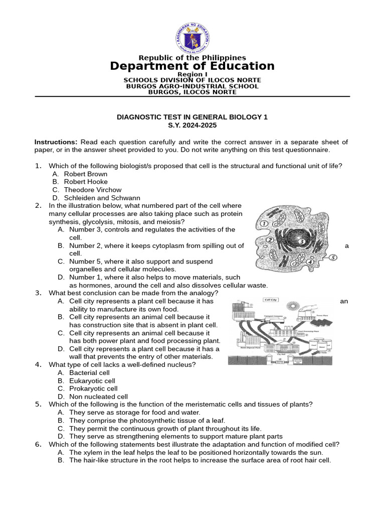 Diagnostic Test in General Biology 1 | PDF | Cellular Respiration ...