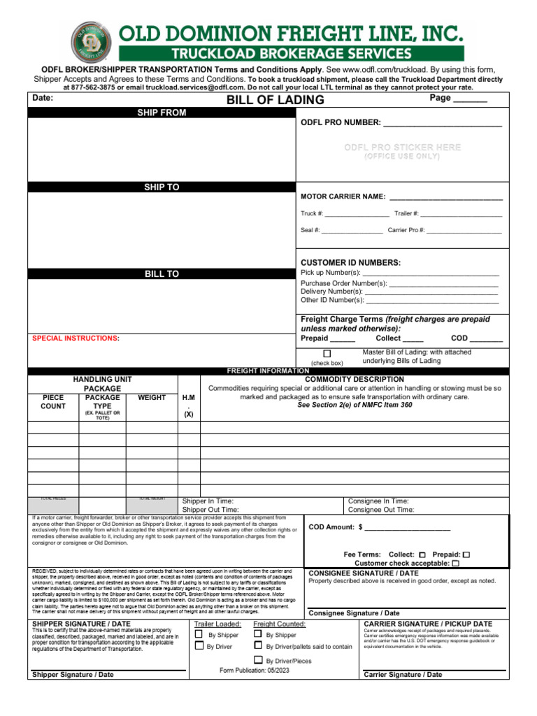 Old Dominion Freight Bill of Lading | PDF | Cargo | Common Law