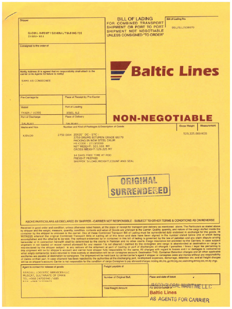 Infinity Galaxy Persiangulf Bill of Lading | PDF