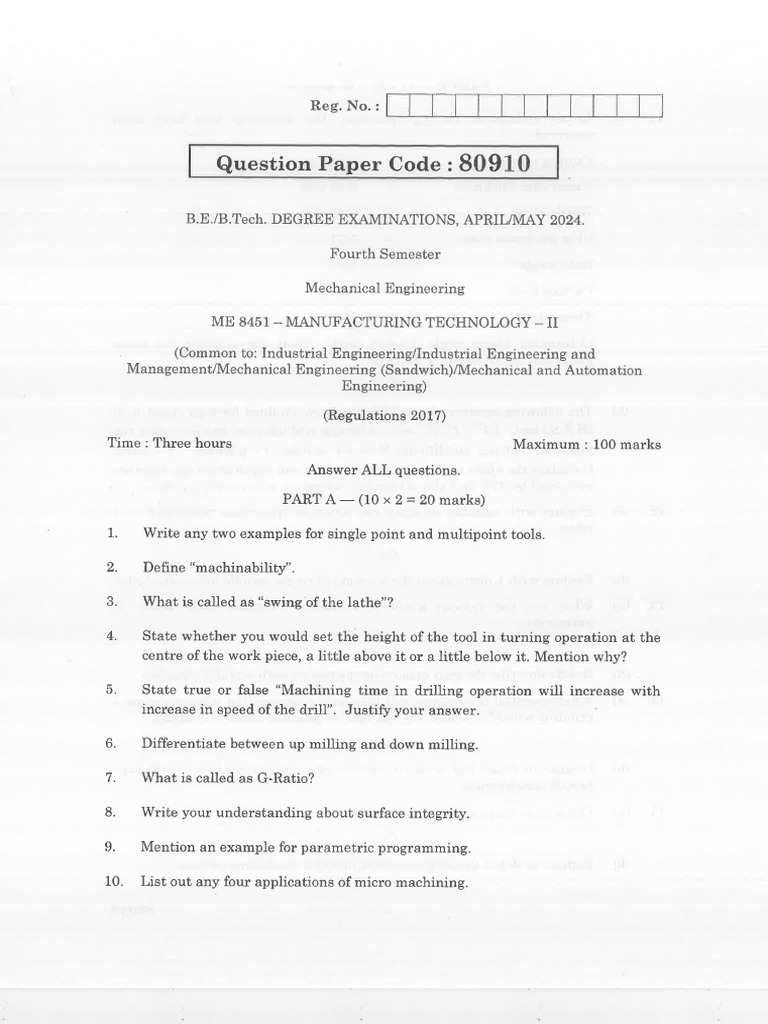 MECH-AM-2024-ME 8451-Manufacturing Technology - II-849211069-80910 | PDF