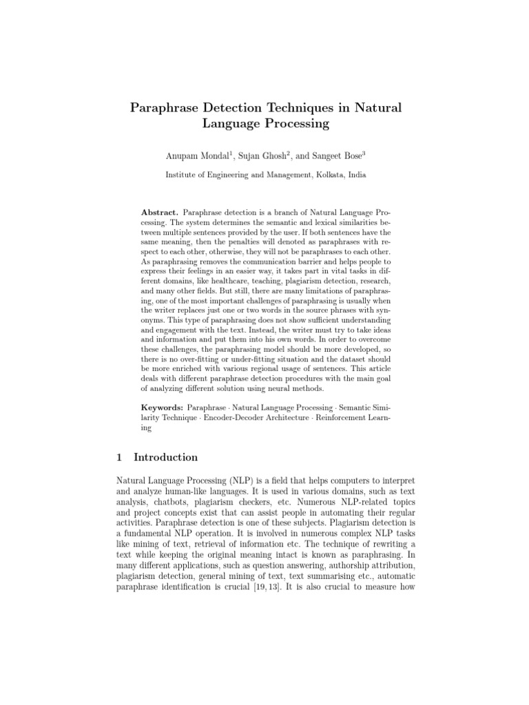A Study On Paraphrase Detection Techniques in Natural Language Processing | PDF | Receiver ...