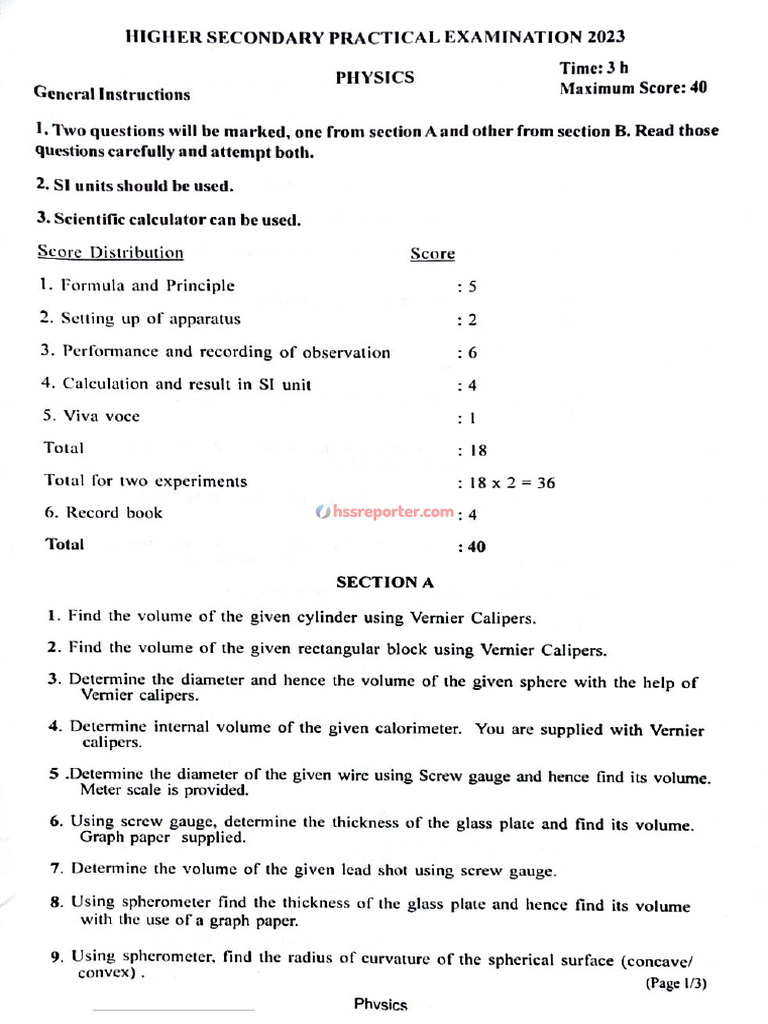 Physics Practical Exam QP 2023 - Hssreporter - Com | PDF