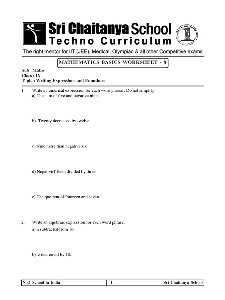 Ix Maths Basic Work Sheet - 8 | PDF | Mathematics | Equations