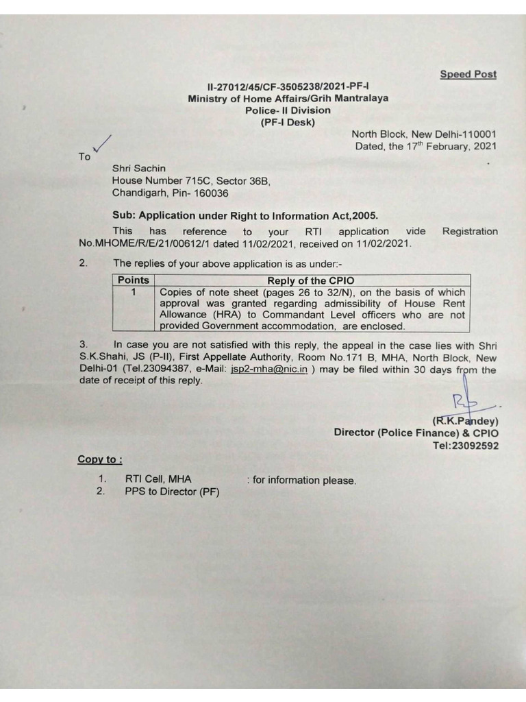 HRA To Commandant Level Officers MHA Order-1 | PDF