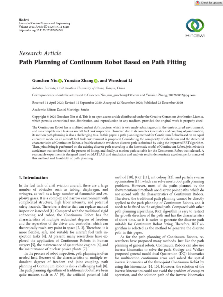 Journal of Control Science and Engineering - 2020 - Niu - Path Planning of Continuum Robot Based ...
