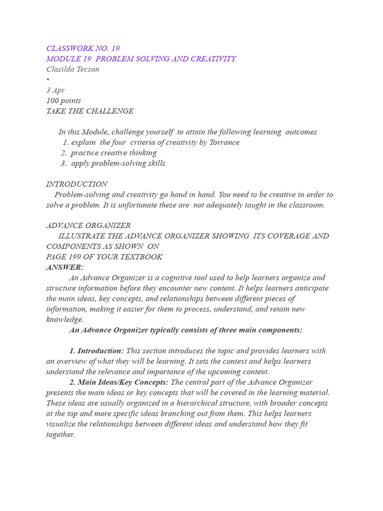 Rhea Cayanes Mam Korhea Classwork No. 19 Module 19 Problem Solving and Creativity | PDF ...