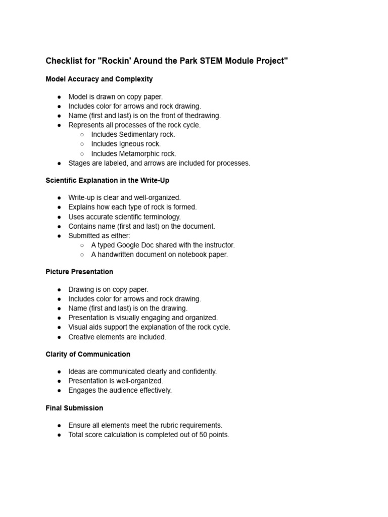 Checklist For - Rockin' Around The Park STEM Module Project | PDF
