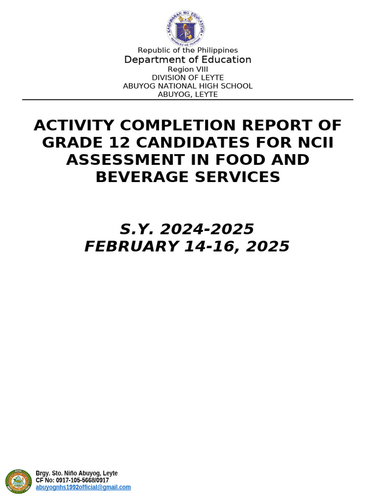 NCII Assessment Report for Grade 12 FBS | PDF | Learning