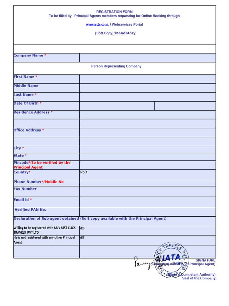 IRCTC Principal Agent Registration Form | PDF