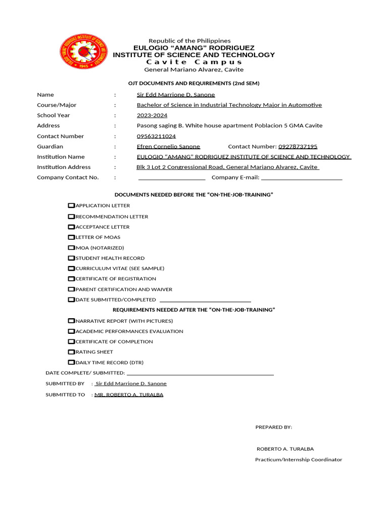 OJT-REQUIREMENTS - Sanone | PDF
