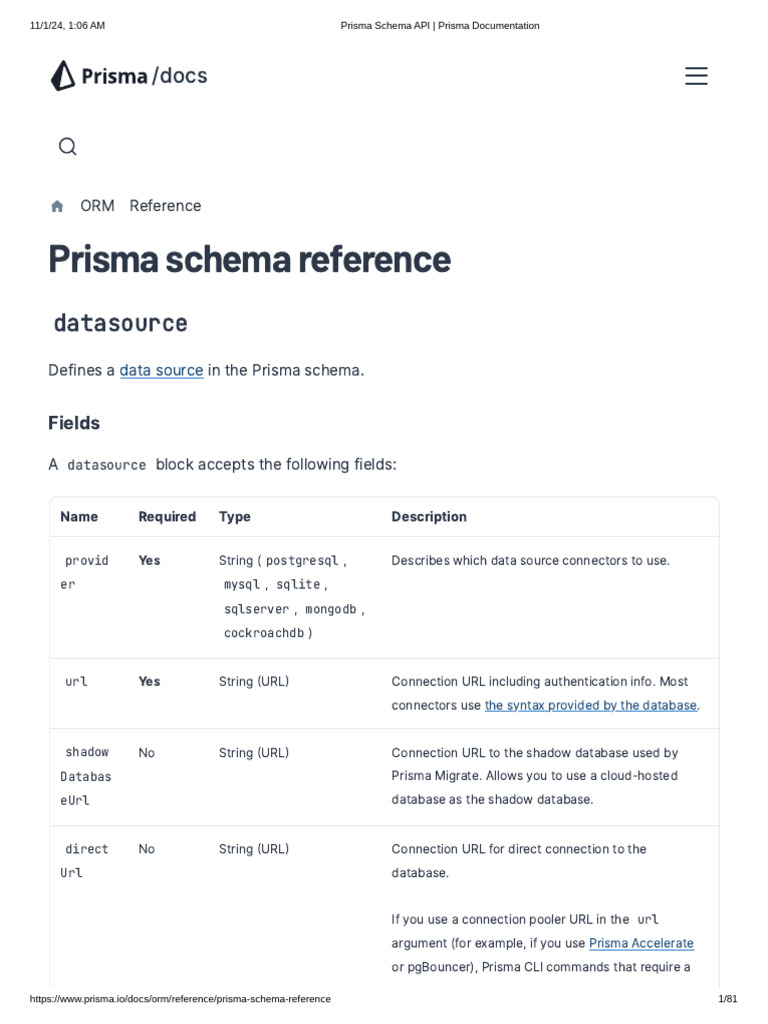 Prisma Schema API _ Prisma Documentation | PDF | Boolean Data Type | Postgre Sql