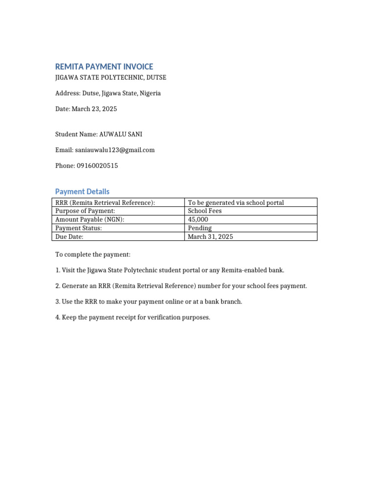 Remita Invoice Auwalu Sani | PDF
