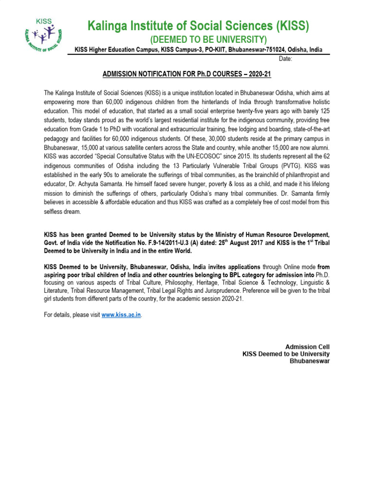 KISS University PhD Admission 2025-26 | PDF