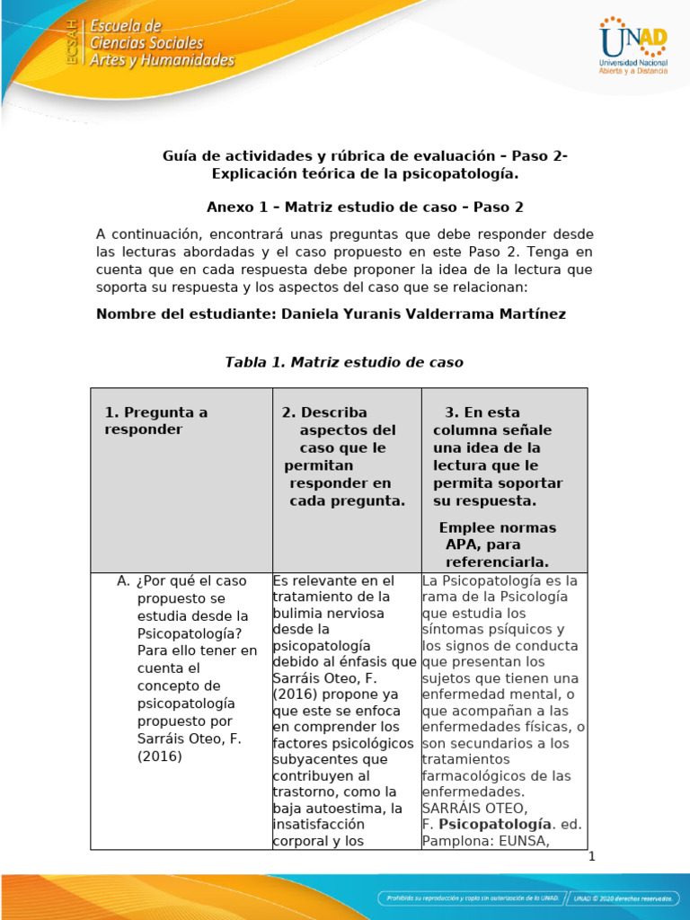 Anexo 1- Matriz Estudio de Caso- Paso 2_ Daniela Valderrama | PDF | Psicopatología | Trastorno ...