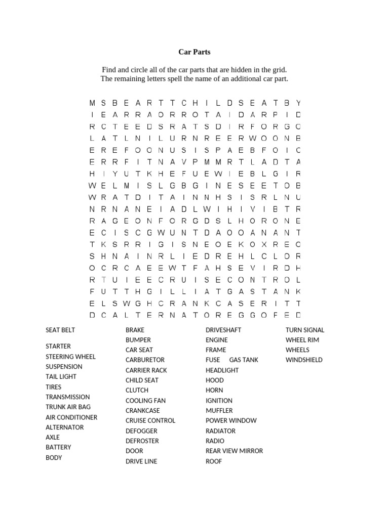Car Parts Wordsearch Fun Activities Games Warmers Coolers 6056 | PDF