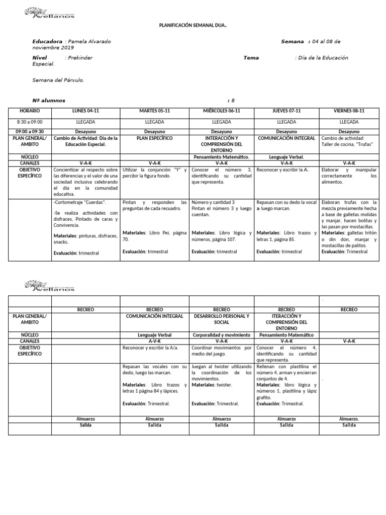 Planificación DUA Prekinder Nov 2019 | PDF