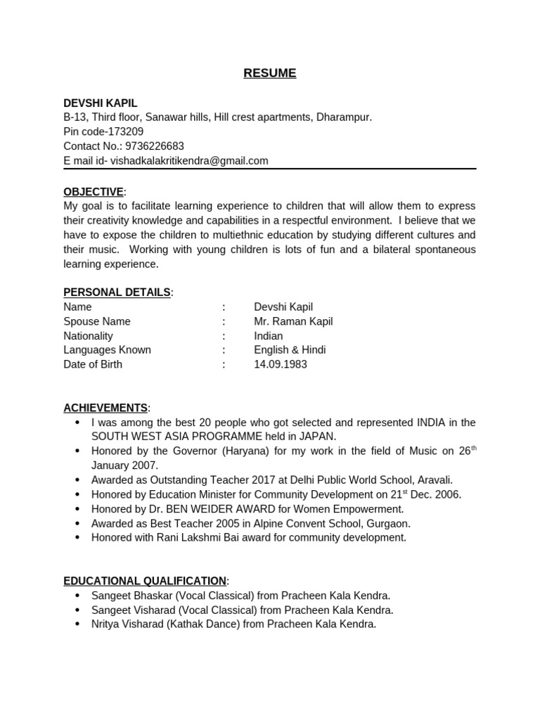 Devshi Kapil Resume 2025 | PDF | Performing Arts | Entertainment