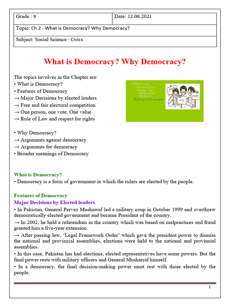 Civics Ch2 Democracy & Why Democracy Notes | PDF | Democracy ...